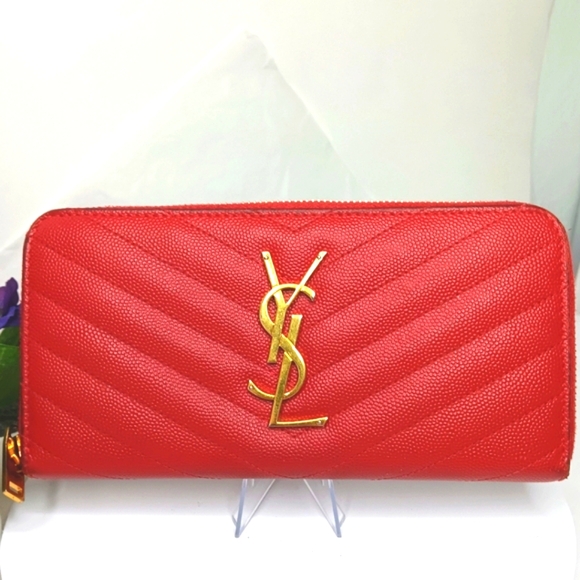 Saint Laurent | Bags | Saint Laurent Red Ysl Logo Grainy Leather Zip ...